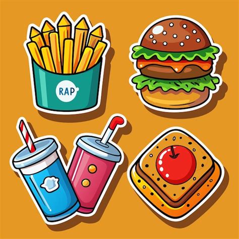 햄버거 프랜치 프라이 소다 사과를 포함한 패스트푸드 만화 스티커 세트 프리미엄 Ai 생성 벡터