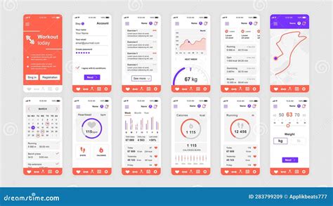 Set Of Ui Ux Gui Screens Fitness App Flat Design Template For Mobile Apps Responsive Website