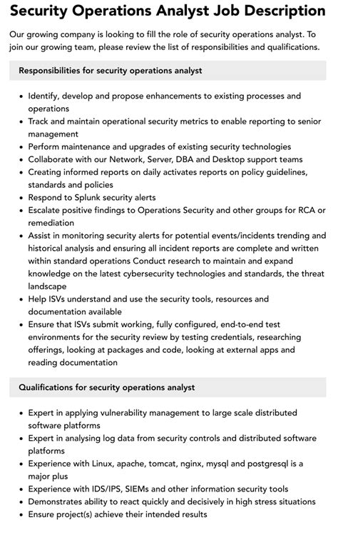 Security Operations Analyst Job Description Velvet Jobs