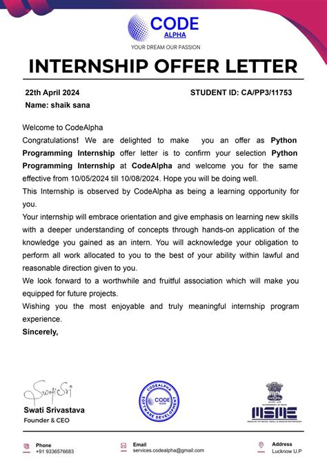 Codealpha Newbeginnings Internship Careerjourney Progress Achievement Python