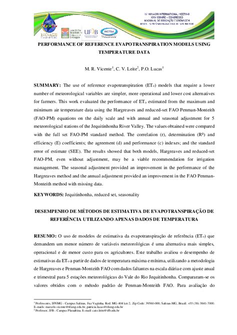Pdf Performance Of Reference Evapotranspiration Models Using Temperature Data