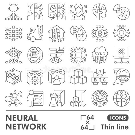 Neural Network Symbols Collection Or Sketches Deep Learning Theme In Thin Line Style Signs For