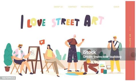 거리 예술가 작업 방문 페이지 템플릿 이젤 앞에 앉아있는 소녀의 남자 그림 초상화 화가 드로잉 개념에 대한 스톡 벡터 아트 및