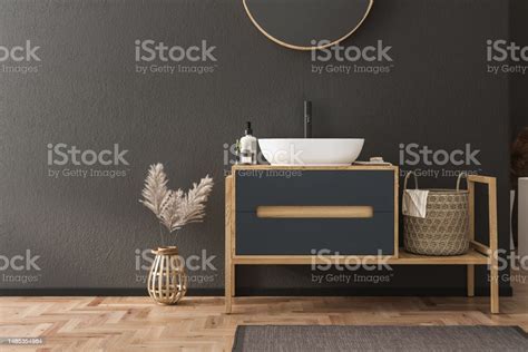 검은색 벽 쪽모이 세공 마룻바닥 흰색 세면대 검은색 수도꼭지 욕조가 있는 세련된 이탈리아식 욕실입니다 수건 마른 식물 깔개가 포함되어 있습니다 모형 사진에 이상적입니다 3d