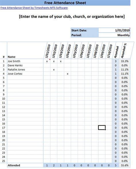 Printable Attendance Sheet Format In Excel Time Clock MTS