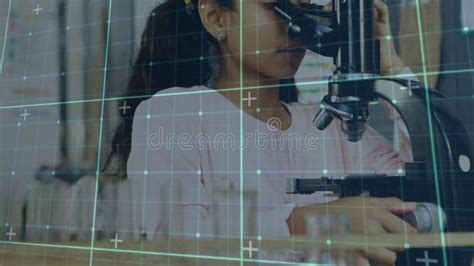 Grid And Data Points Animation Over Girl Using Microscope In Laboratory