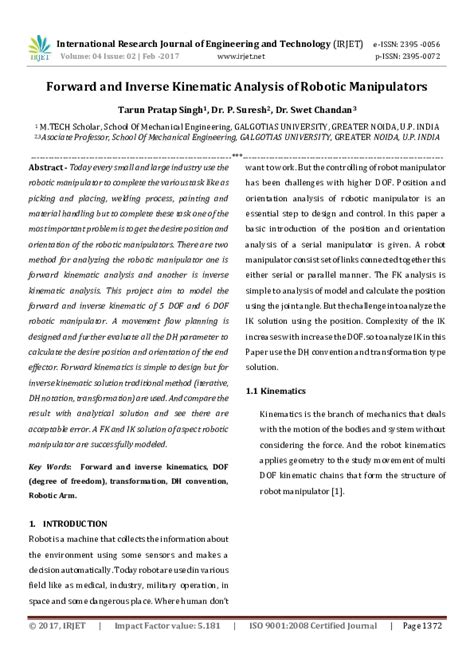 pdf forward and inverse kinematic analysis of robotic manipulators