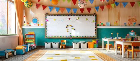 Tidy Classroom With A Whiteboard And Colorful Decorations Premium Ai Generated Image
