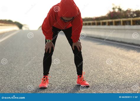 Woman Runner Taking A Rest After Running City Road Stock Image Image