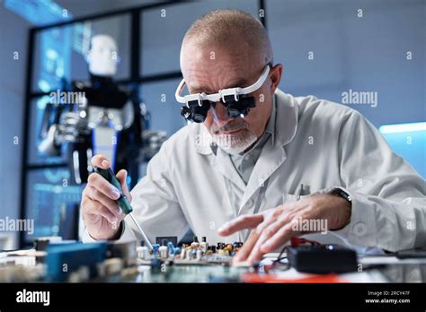 Mature Programmer In Lab Coat Sitting At Table And Assembling The Motherboard In Office Stock
