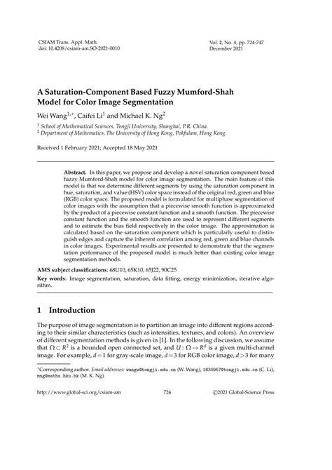 global science press a saturation component based fuzzy mumford shah