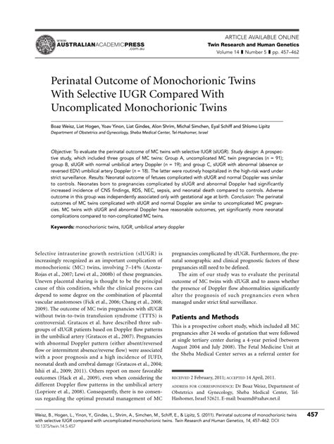Pdf Perinatal Outcome Of Monochorionic Twins With Selective Iugr Compared With Uncomplicated