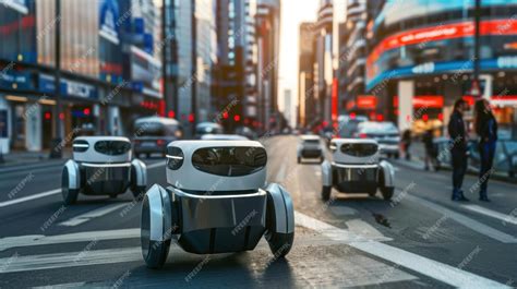 A Fleet Of Autonomous Delivery Robots Navigating Through A Busy Urban Environment Premium Ai