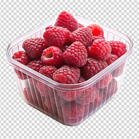 Raspberry In Plastic Container Box Isolated On White Background