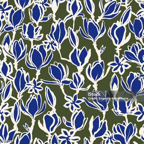 꽃 이음새가 없는 무늬 손으로 그린 목련 꽃이있는 다채로운 빈티지 벡터 배경 직물 종이 상품 가정용 섬유에 대한 향수 복고풍 패션 인쇄 0명에 대한 스톡 벡터 아트 및 기타