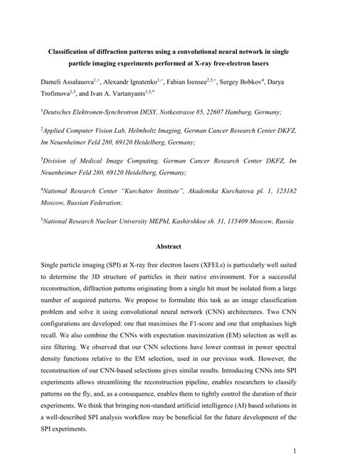 Pdf Classification Of Diffraction Patterns Using A Convolutional Neural Network In Single