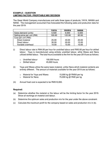 Example Q A Limiting Factor EXAMPLE QUESTION LIMITING FACTOR PROFITABLE MIX DECISION The