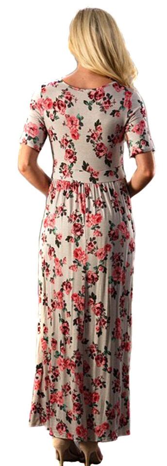 Maxi Womens Floral Chic Vintage Boho Knit Short Sleeves Surplice Dress