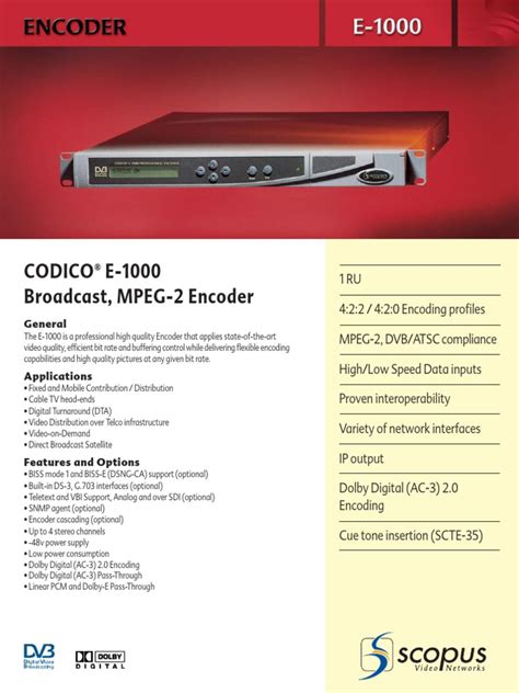 Datasheet Scopus Mpeg2 Encoder Model E 1000 Pdf Film And Video