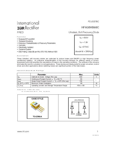 Hfa35hb60c Ultrafast Soft Recovery Diode Features And Specs Studocu
