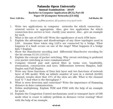 nalanda open university bca cs68 computer networks 2015 question paper