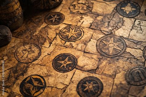Detailed Map Featuring Ancient Symbols And Compass Designs For Treasure