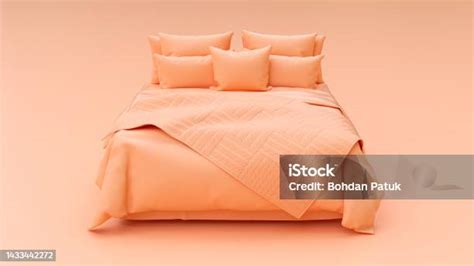 더블 시트 이불 베개가있는 파스텔 침실 장면 인테리어의 파스텔 컬러 룸 플랫 스타일 단일 색상 구성 3d 렌더링 아무도 3차원 형태에 대한 스톡 사진 및 기타 이미지