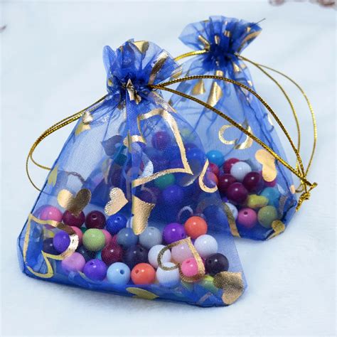 100pcs 9x12cm 드로어 블 오간자 가방 하트 로얄 블루 컬러 웨딩 크리스마스 선물 가방 쥬얼리 포장 가방 파우치