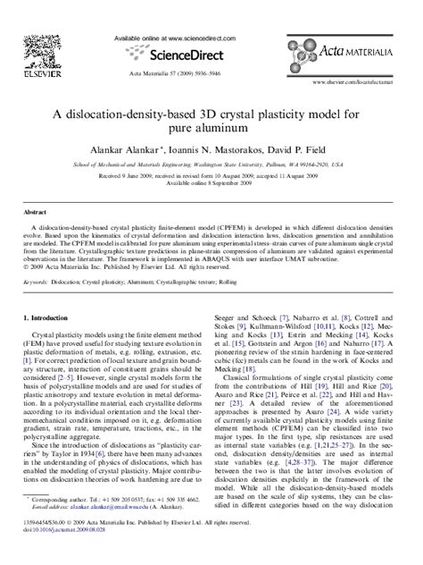 Pdf A Dislocation Density Based 3d Crystal Plasticity Model For Pure