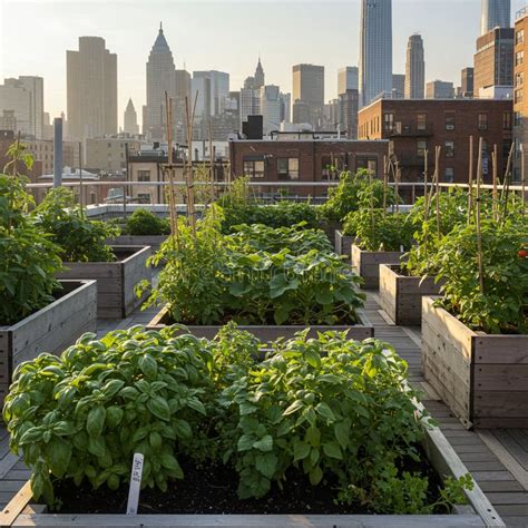 Urban Rooftop Garden With Rectangular Wooden Planters Filled With Lush Green Plants Stock
