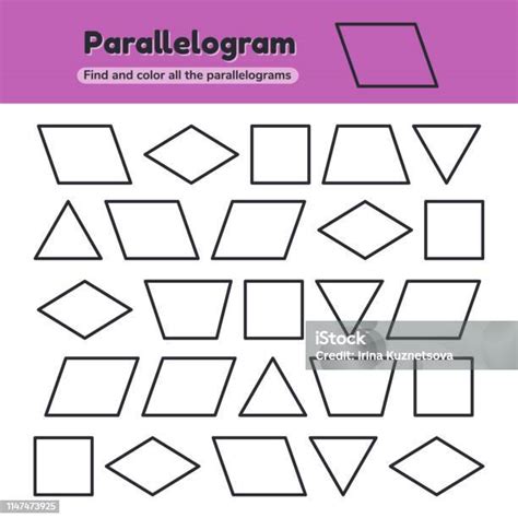 어린이 유치원 유치원 및 학교 연령에 대 한 교육 워크 시트 기하학적 모양 마름모 평행 사변형 삼각형 사각형 사다리꼴 찾기 및 색상 0명에 대한 스톡 벡터 아트 및 기타