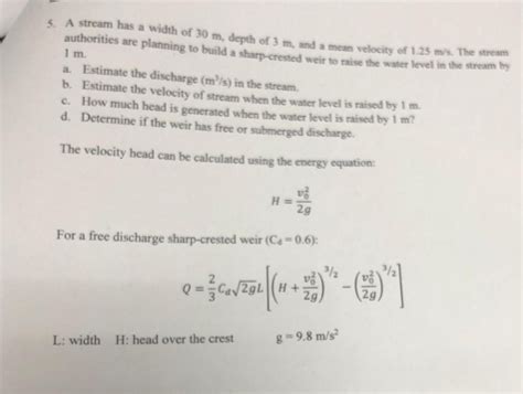 Solved A Stream Has A Width Of M Depth Of M And A Chegg Com