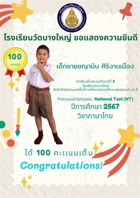 โรงเรียนวัดบางใหญ่ 🎉ขอแสดงความยินดีกับ เด็กชายชญานิน ศิริงามเมือง 🎊 ที่มีผลการประเมินคุณภาพผู้