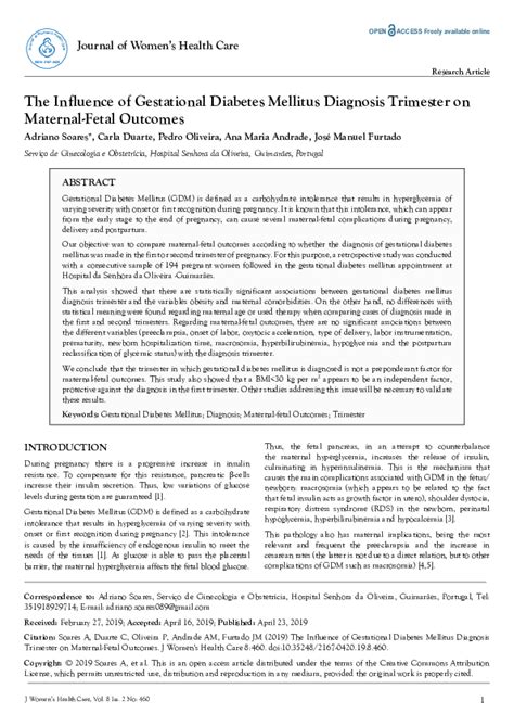 Pdf The Influence Of Gestational Diabetes Mellitus Diagnosis Trimester On Maternal Fetal