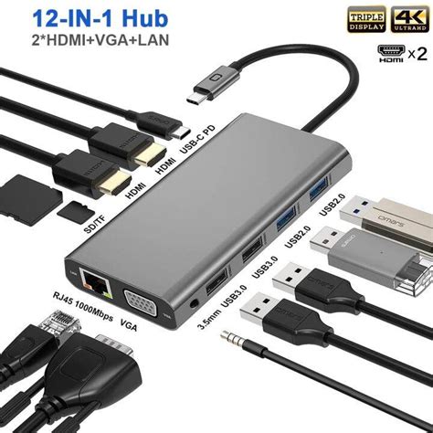 Triple Display USB C Hub Dual Monitor Adapter Laptop Hub USB C To HDMI K VGA Ethernet W