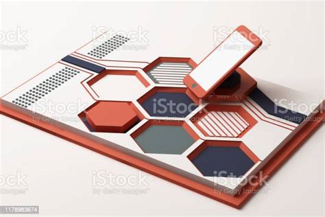 기술 개념 오렌지와 블루 색상의 기하학적 모양 플랫폼의 추상 적 구성스마트 폰 3d 렌더링 0명에 대한 스톡 사진 및 기타