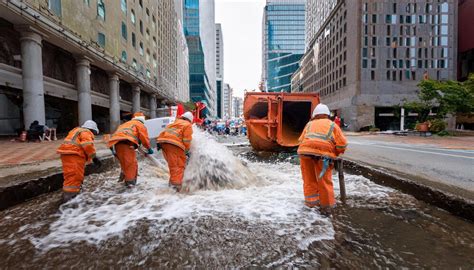 A Sewer Overflow Event In A City Street With Water Surging From