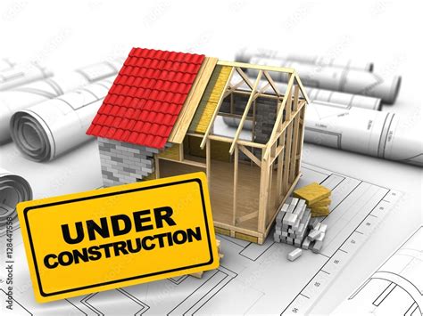 3d Illustration Of Frame House Structure Over Drawings Background With
