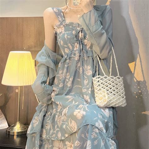 예거조아 여름 신상 민소매 프릴 스모크 소라 플라워 쉬폰 롱원피스 레이스 시스루 노버튼 가디건 빅사이즈 청순 투피스 세트