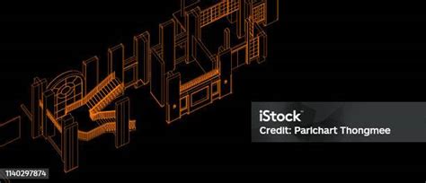 건축 내부 계단 열 윈도우 요소 디자인 부등 개념 3d 관점 흰색 와이어 프레임 렌더링 검정색 배경 0명에 대한 스톡 사진 및 기타 이미지 Istock