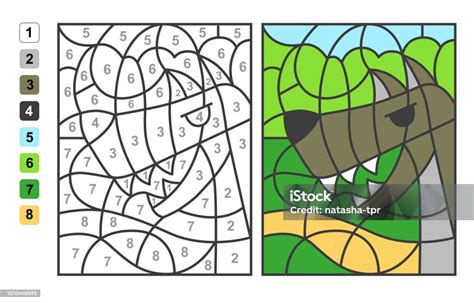 숫자 이빨 늑대에 의해 색상 어린이 교육 퍼즐 게임 그리기 및 학습 수학을위한 색상 0명에 대한 스톡 벡터 아트 및 기타 이미지