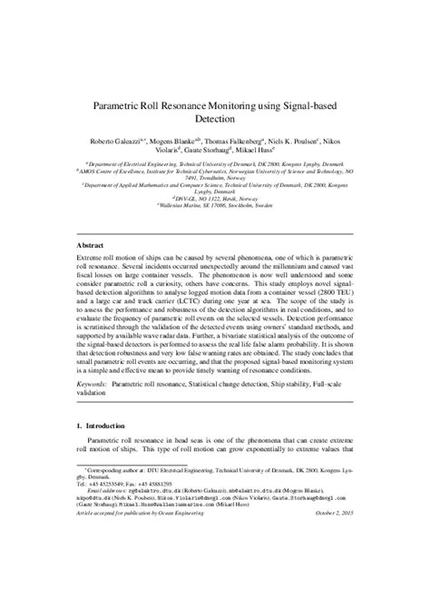 Pdf Parametric Roll Resonance Monitoring Using Signal Based Detection