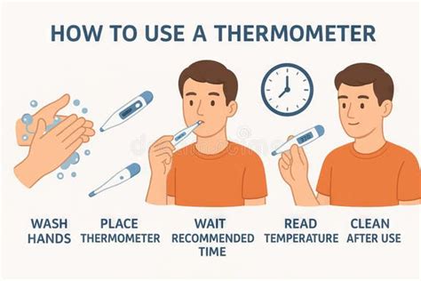 Illustrated Guide Of Caucasian Man Using A Thermometer Step By Step For Accurate Temperature