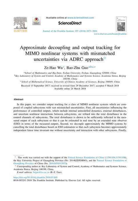 Pdf Approximate Decoupling And Output Tracking For Mimo Nonlinear