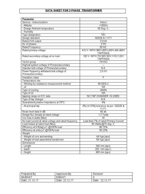 Parameter Data Sheet For 3 Phase Transformer Pdf Transformer Force