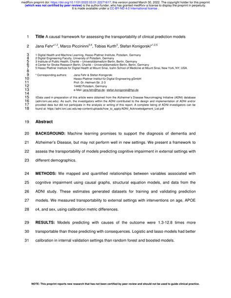 Pdf A Causal Framework For Assessing The Transportability Of Clinical Prediction Models