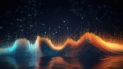 빅 데이터 시각화를 위한 디지털 배경을 나타내는 파형의 3d 빛나는 입자 렌더링 데이터 흐름 분석 배경 기술 물결 배경