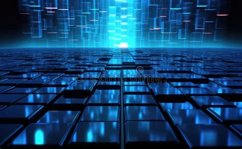 Background Abstract Blue Technology Box Floor Cyberspace With Glowing Cubes And Neon Lights