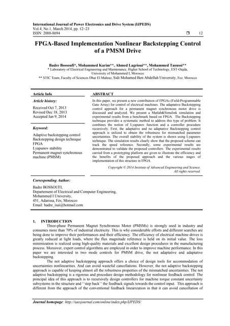 Fpga Based Implementation Nonlinear Backstepping Control Of A Pmsm
