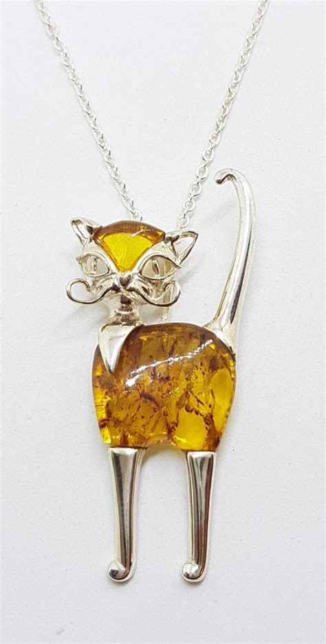Sterling Silver Large Baltic Amber Cat Pendant On Chain Alexas Treasures